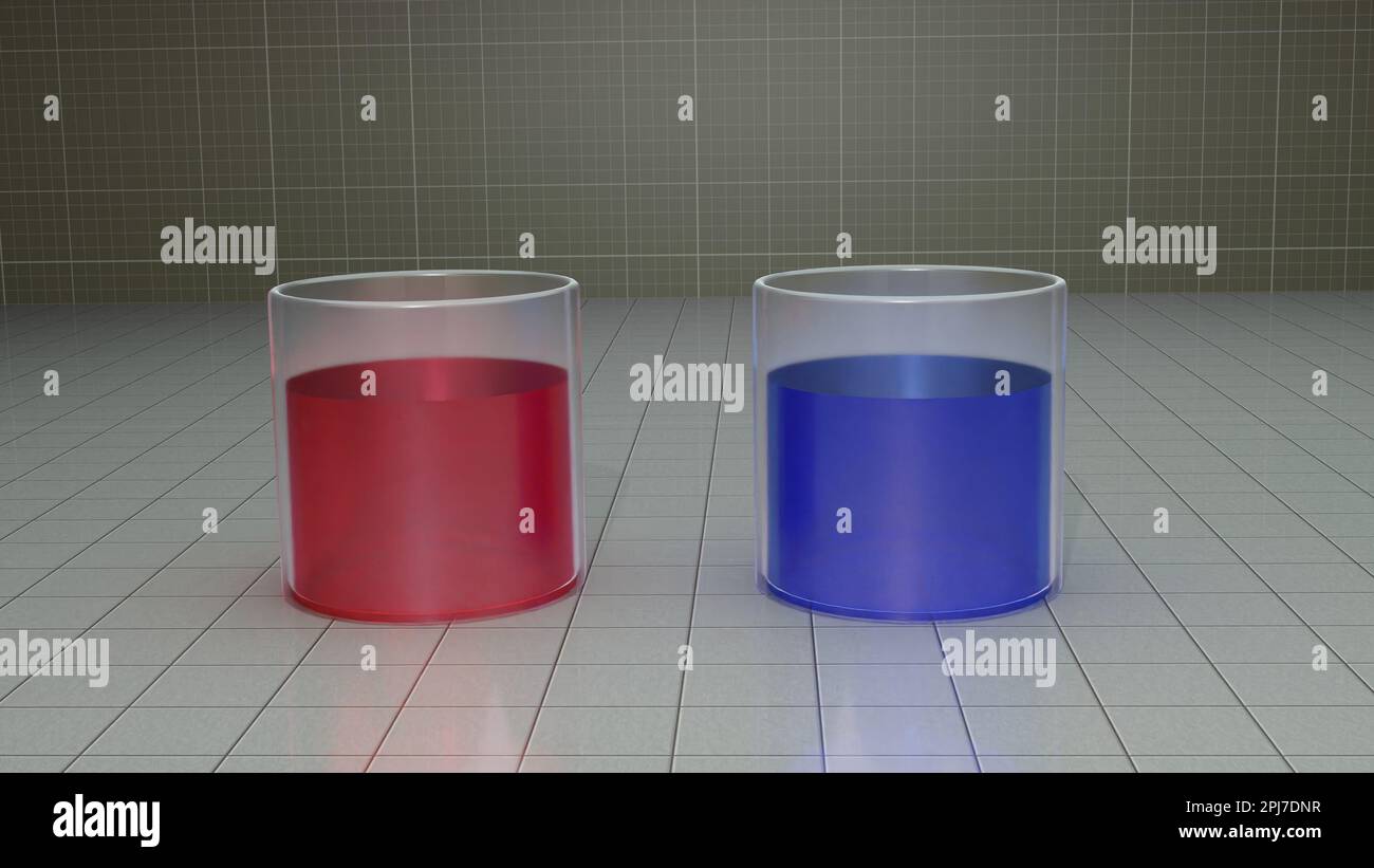 Electrochemistry. Chemistry beakers filled with colored blue and red ...