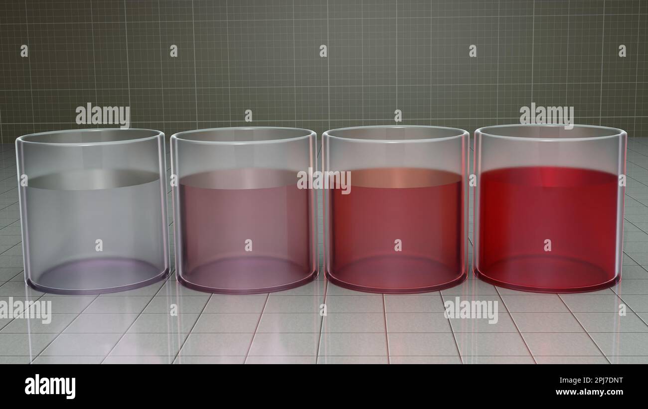 Chemistry beakers filled with colorful liquids. Pure clear water ...