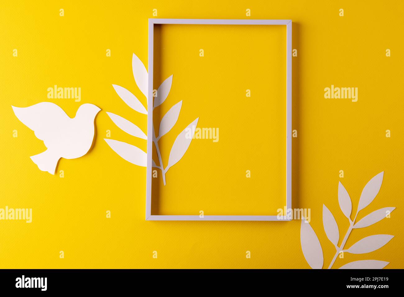 High angle view of white frame, white dove and leaves with copy space ...