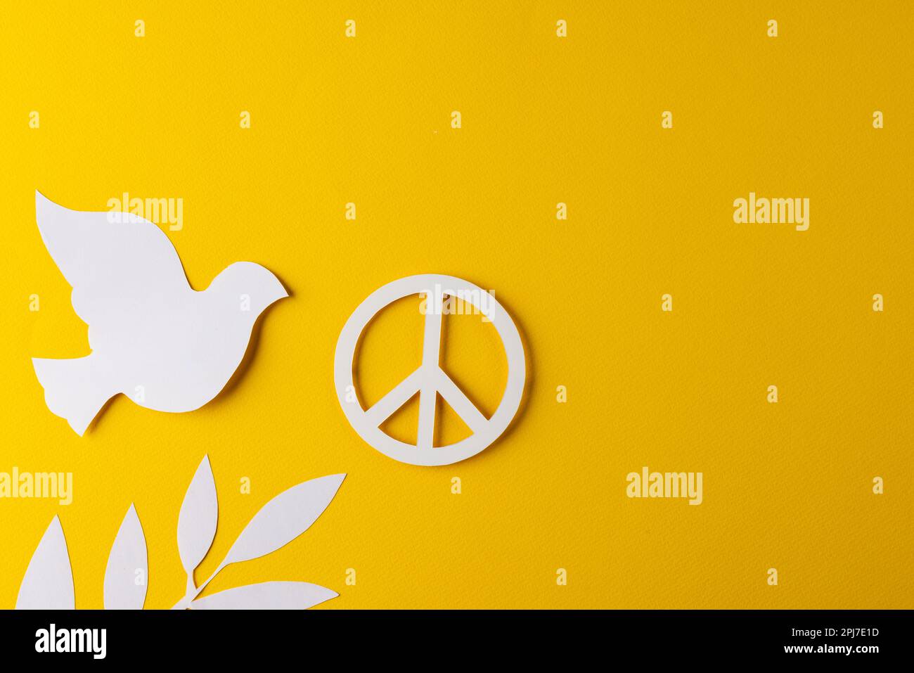 High angle view of white peace sign, white dove and leaf with copy ...