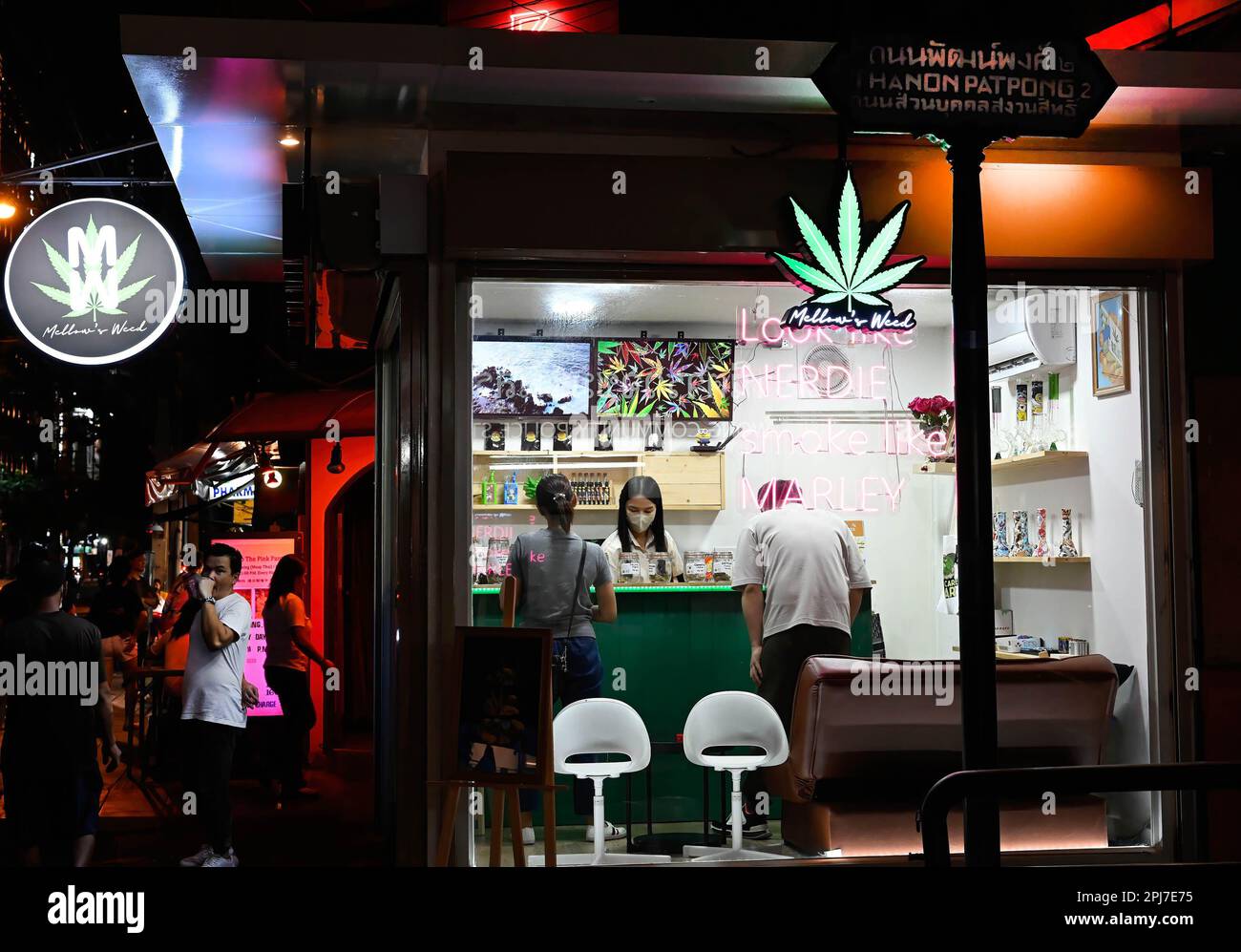 Bangkok, Thailand. 30th Mar, 2023. A detail view of the Mellow's Weed marijuana outlet. Bangkok ...