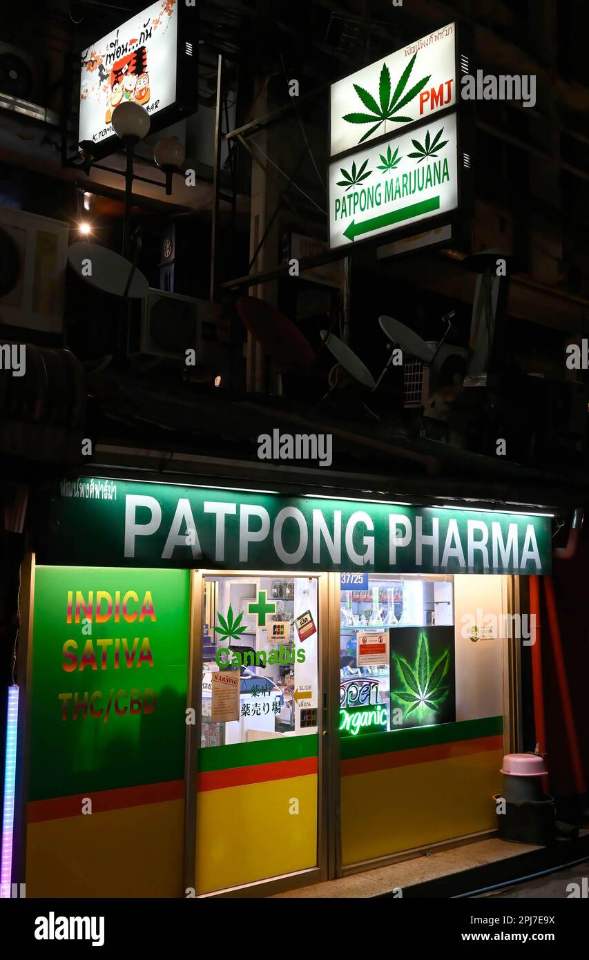 Bangkok, Thailand. 30th Mar, 2023. A detail view of the Patpong Pharma cannabis outlet. Bangkok ...