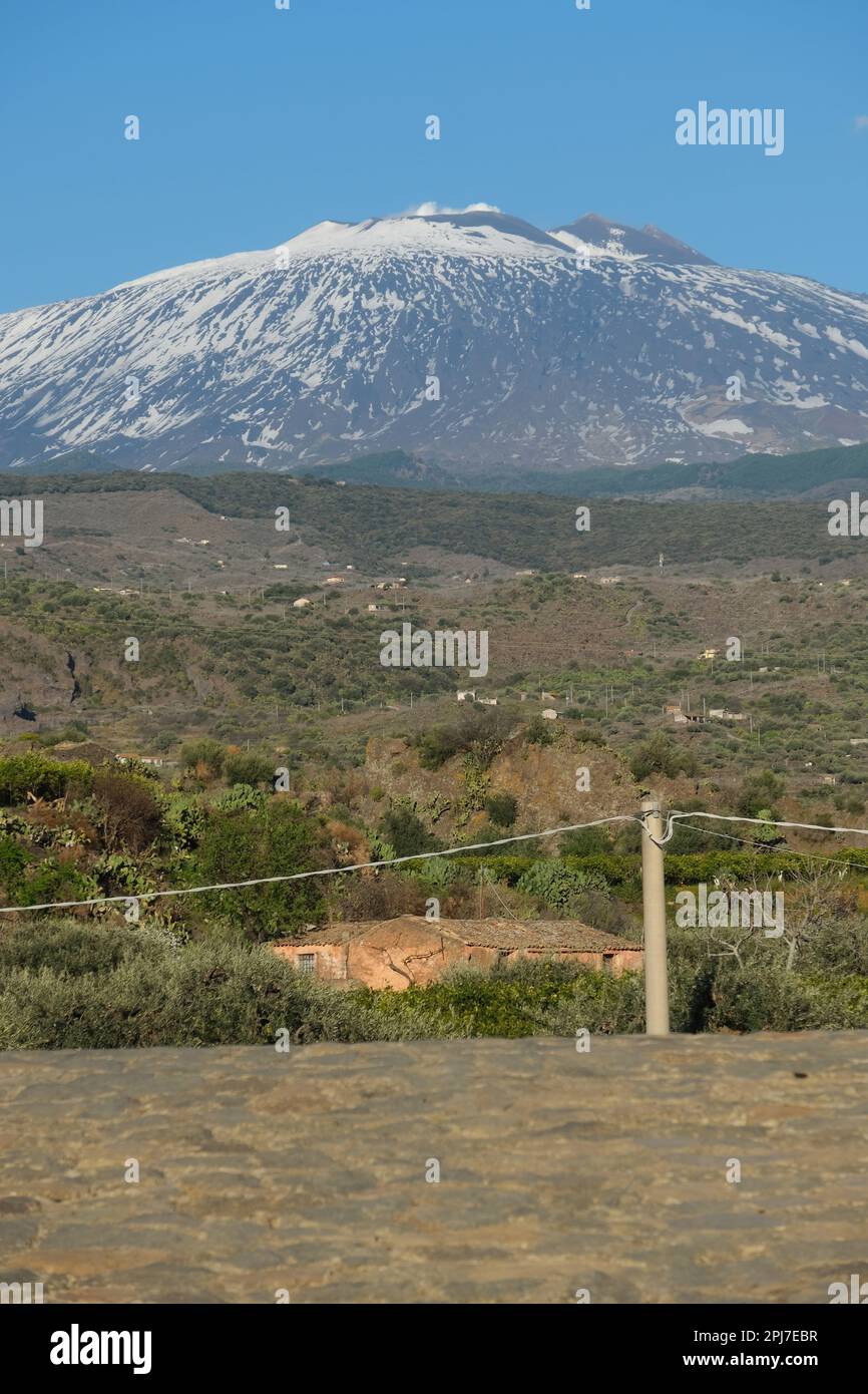 The Volcano Mount Etna Seen From Bridge Of The Saracens Near Adrano Town Sicily Region Italy
