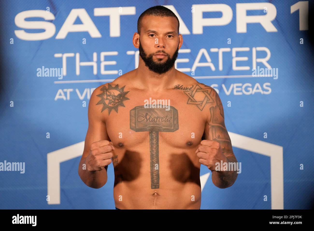 LAS VEGAS, NEVADA - MARCH 31: Thiago Santos steps on the scale for the PFL official weigh-ins on ...