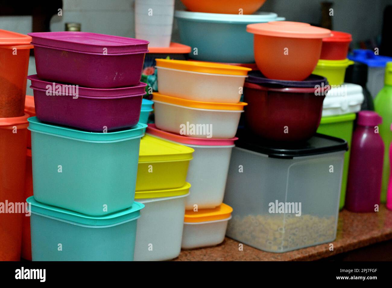 Cairo, Egypt, February 4 2021: pile of several and many Tupperware ...