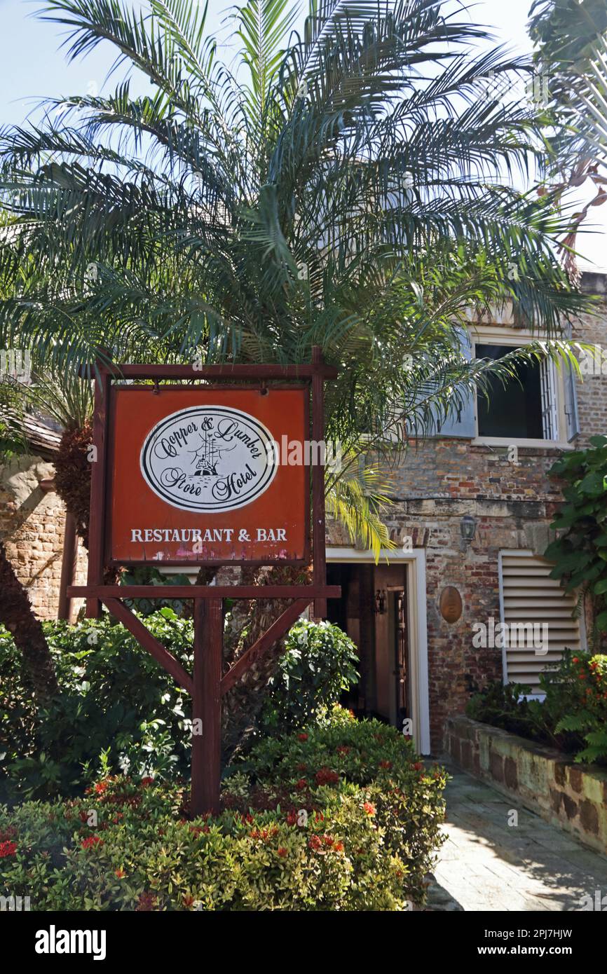 Sign outside Copper & Lumber Store Hotel, Nelson's Dockyard, Antigua ...