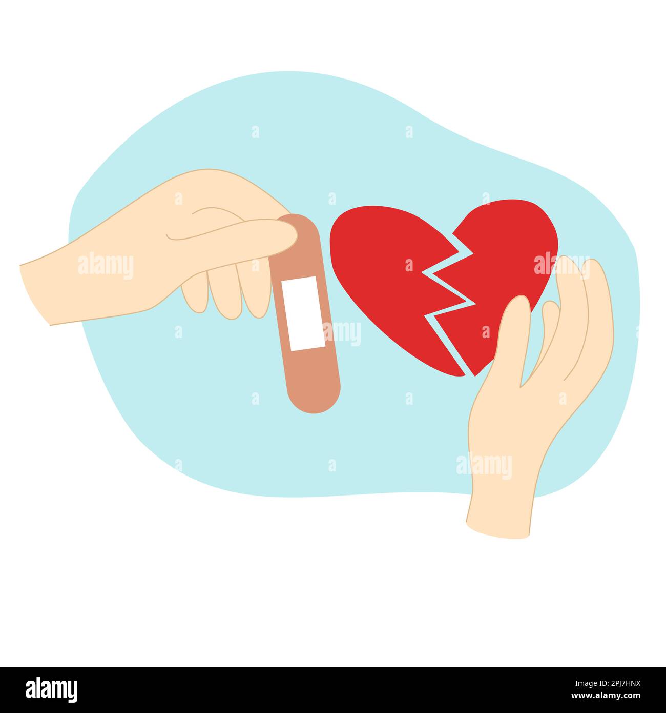 Two hands trying to repair red broken heart with a patch ...