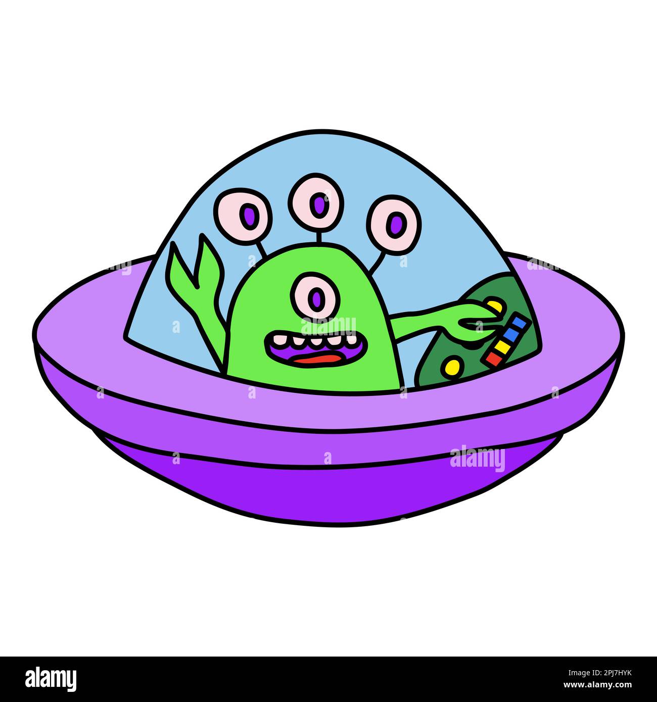 Friendly cartoon alien in spaceship or ufo, waving hand, doodle style ...