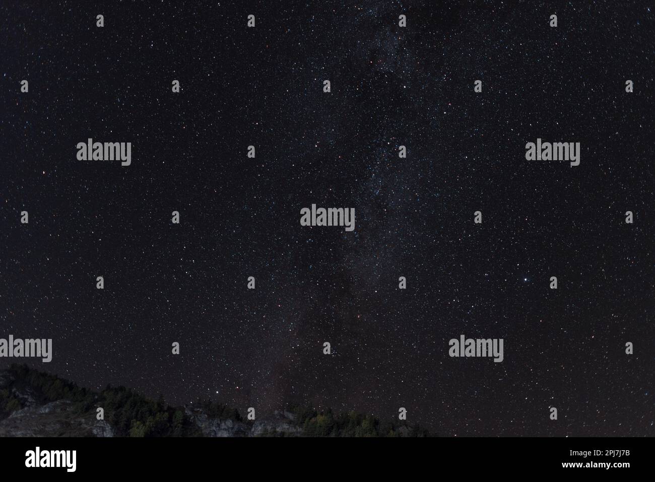 Bright milky way on a starry sky over trees and a rock in the dark at ...