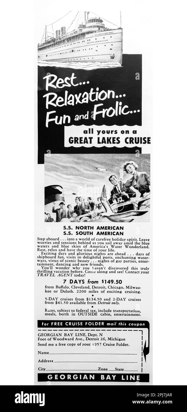 Great lakes cruise offer travel advert in a Natgeo magazine, May 1957 ...