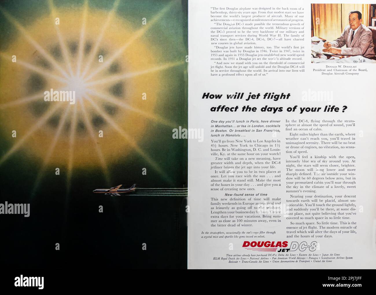 Douglas DC-8 jets advert in a Natgeo magazine, July 1957 Stock Photo ...
