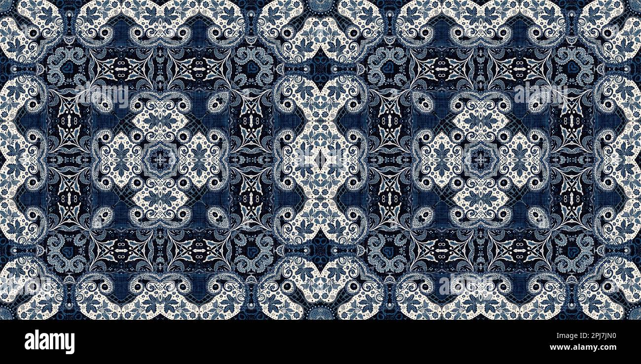 Retro indigo floral bandana 2 tone patterned fabric border background ...