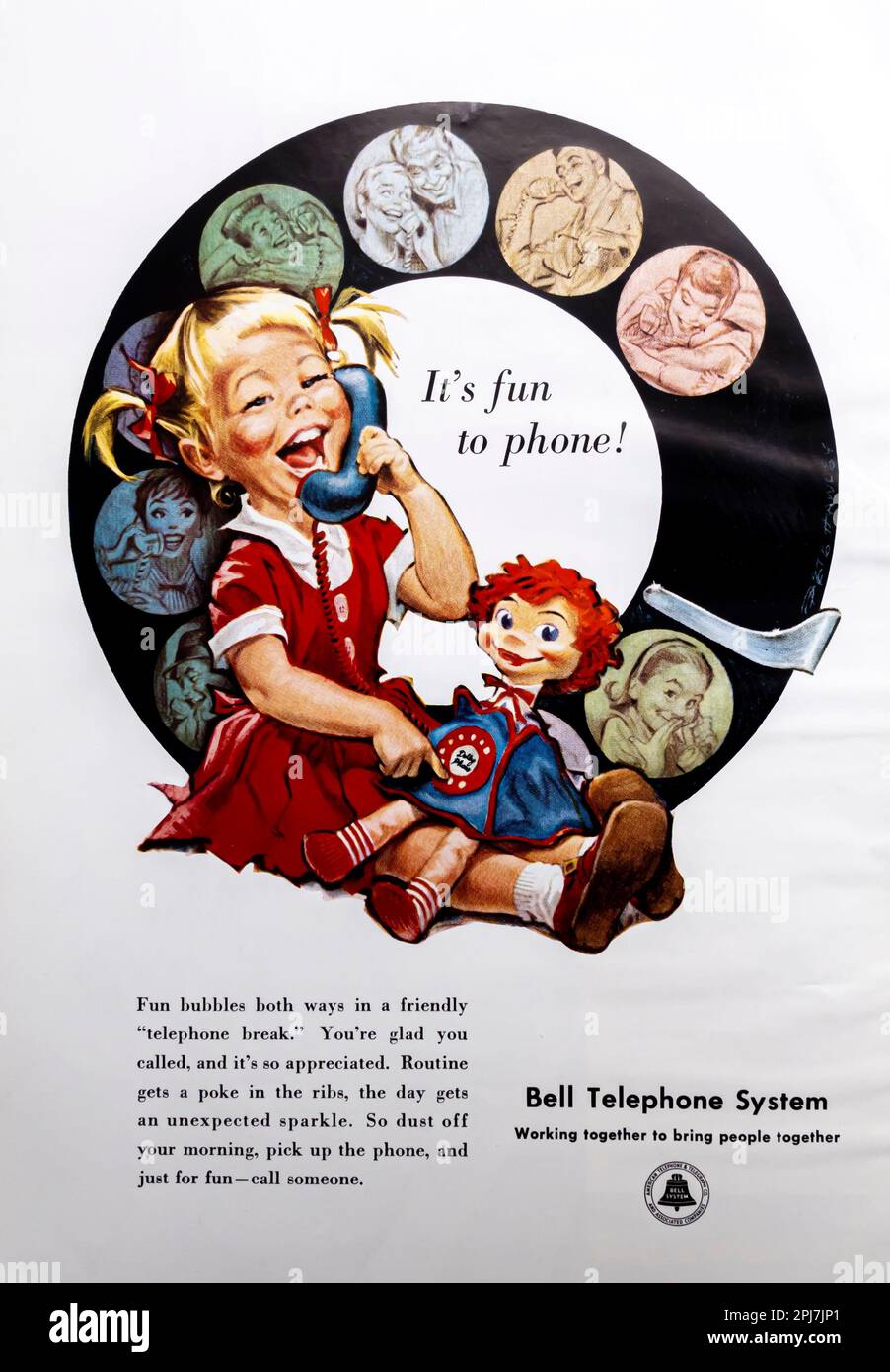 Bell telephone system, a girl with a toy calling on the phone advert in ...
