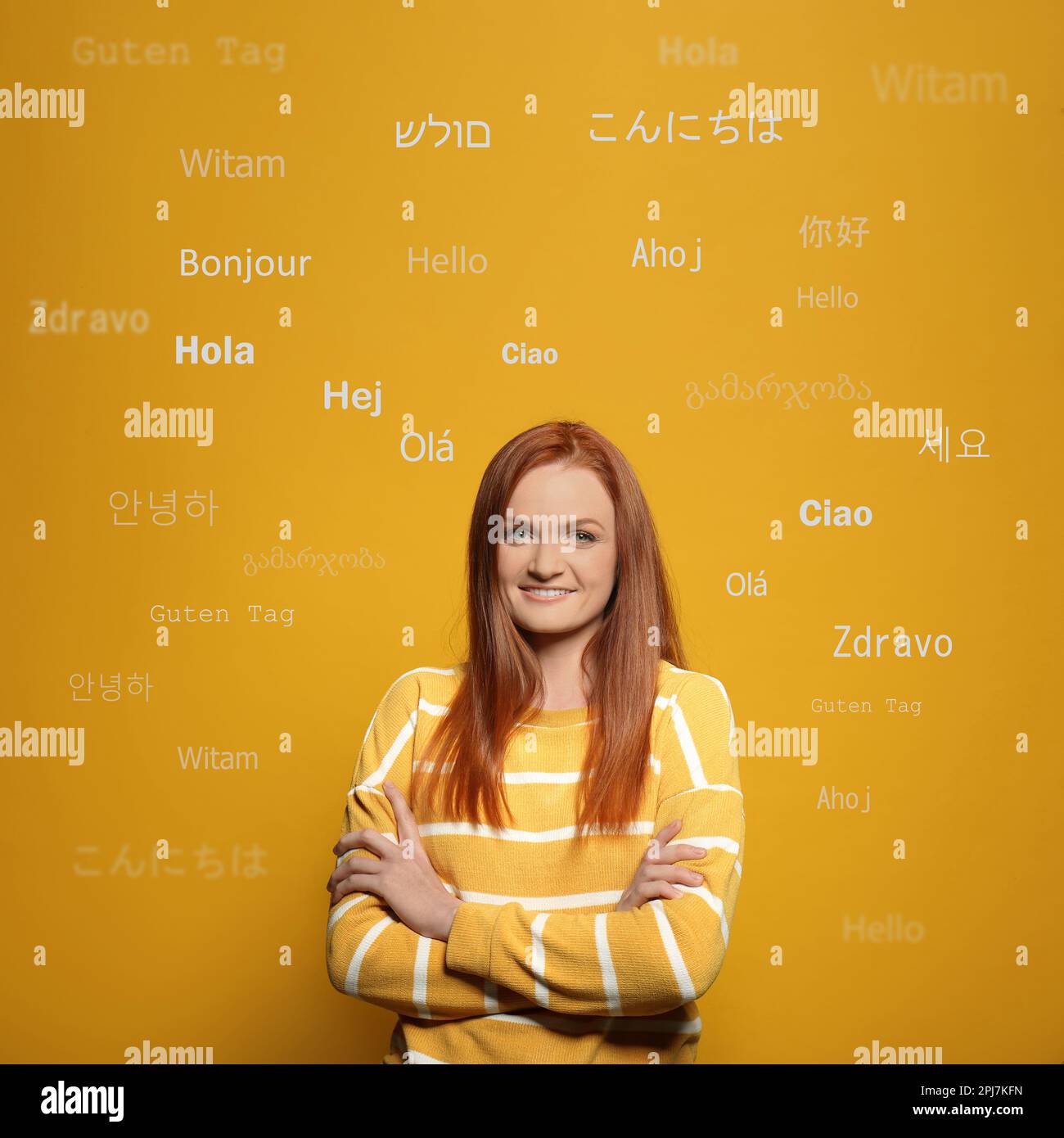 Portrait Of Happy Translator And Greeting Words In Different Foreign