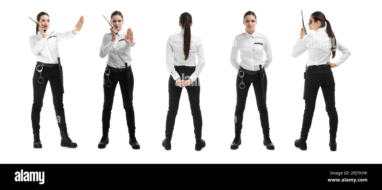 Collage of professional security guard on white background. Banner ...