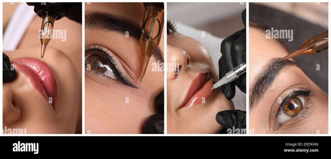 Collage with different photos of women undergoing permanent makeup ...