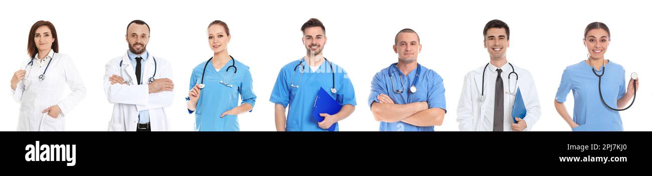 Collage with photos of doctors on white background. Banner design Stock ...