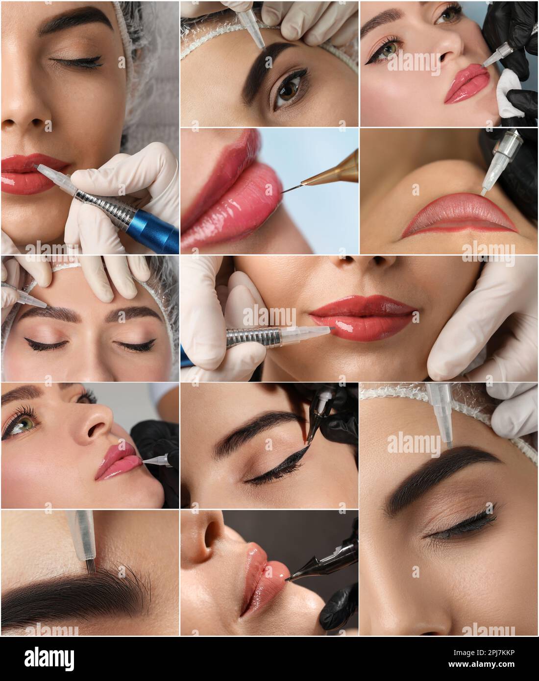 Collage with different photos of women undergoing permanent makeup ...