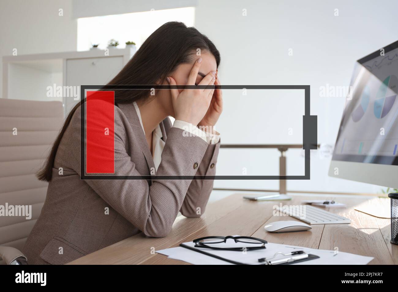 Illustration of discharged battery and tired woman at workplace in ...