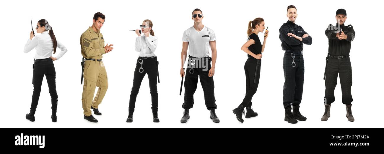 Collage of different professional security guards on white background ...