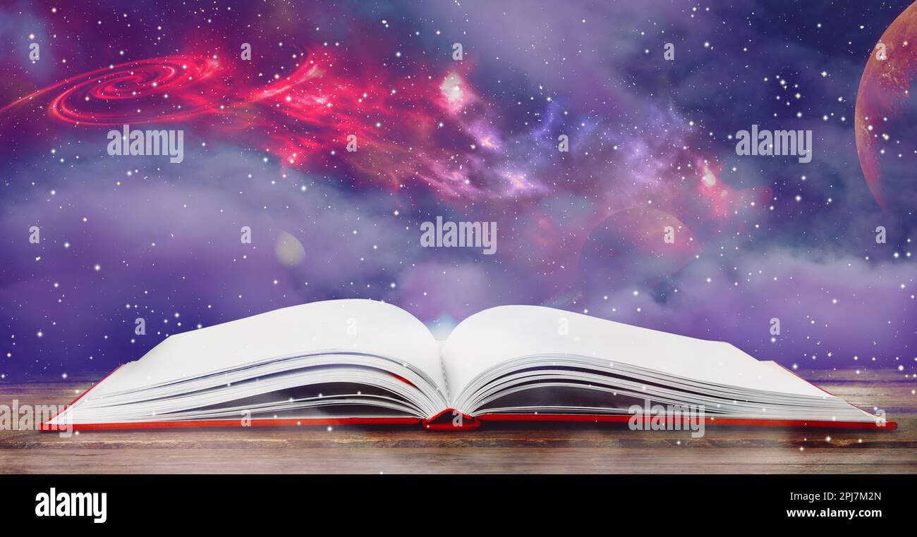 Open book with glitter overlay and beautiful universe on background ...