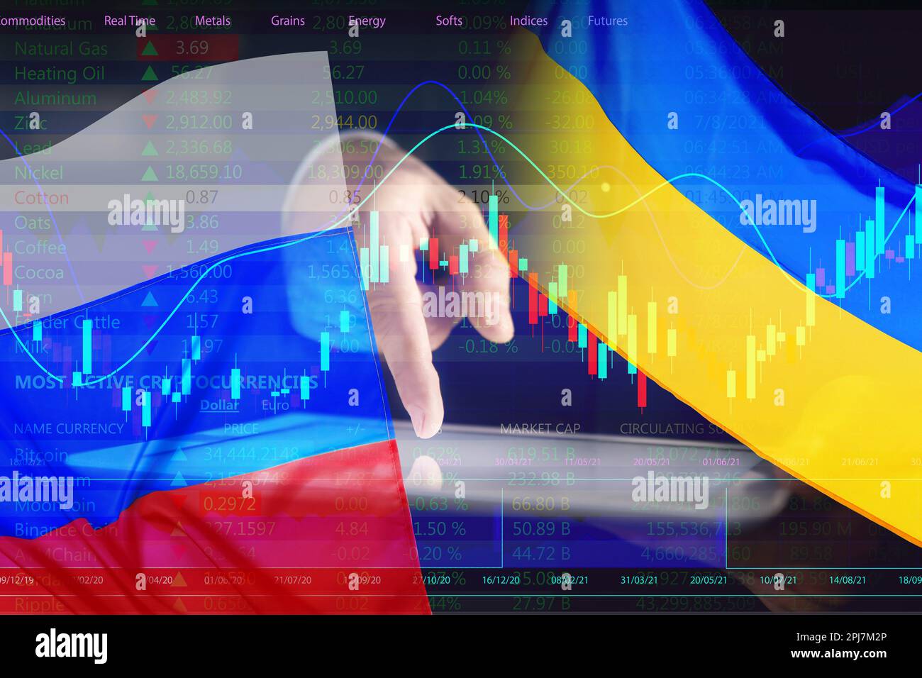 Multiple exposure of Ukrainian, Russian flags, man with tablet and ...