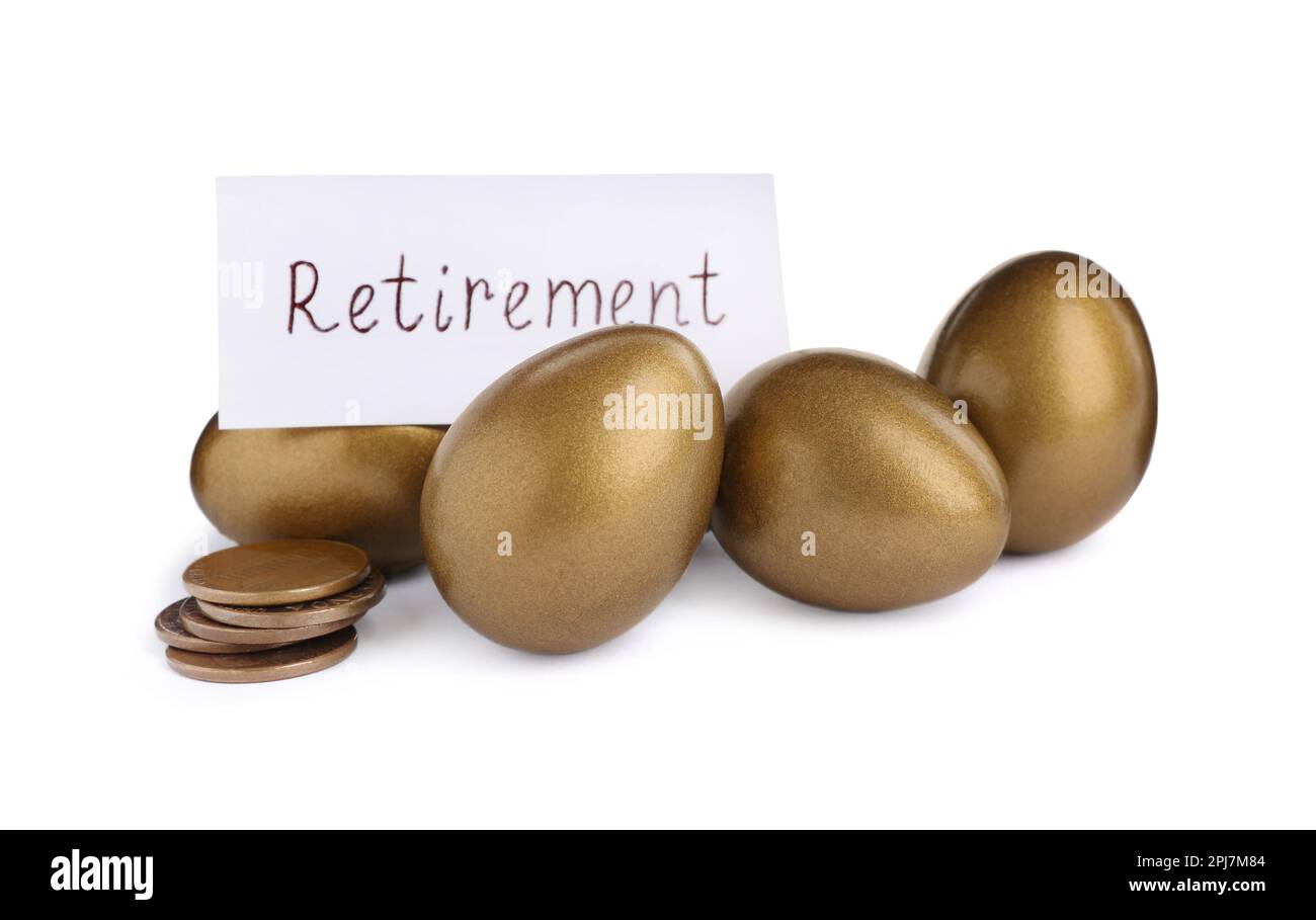Many golden eggs, coins and card with word Retirement on white ...