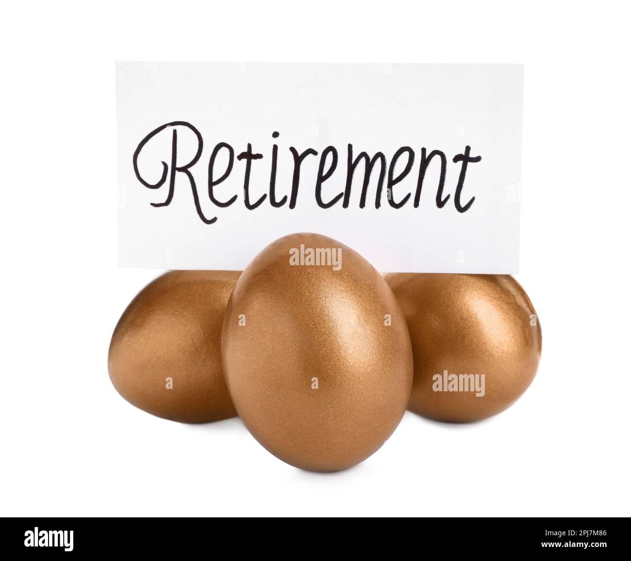 Many golden eggs and card with word Retirement on white background ...