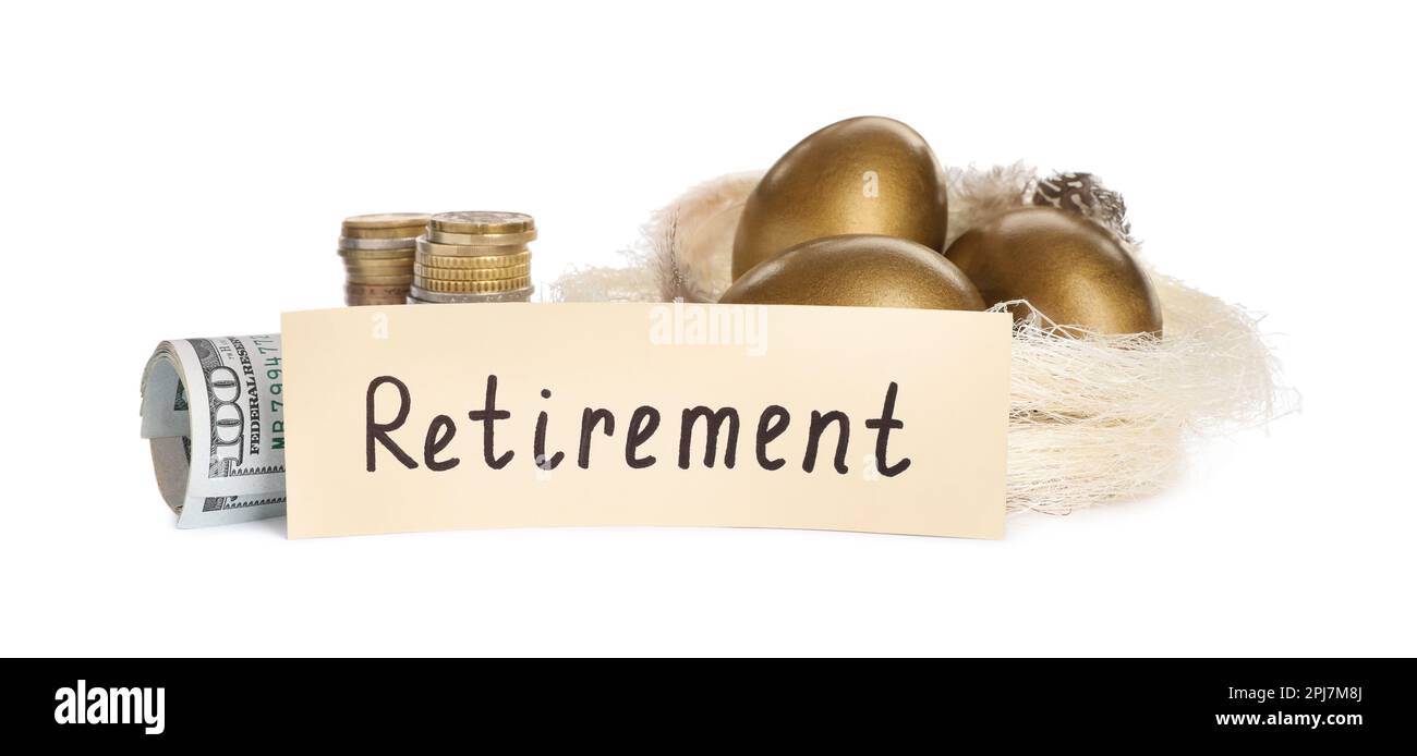 Many golden eggs, money and card with word Retirement on white ...