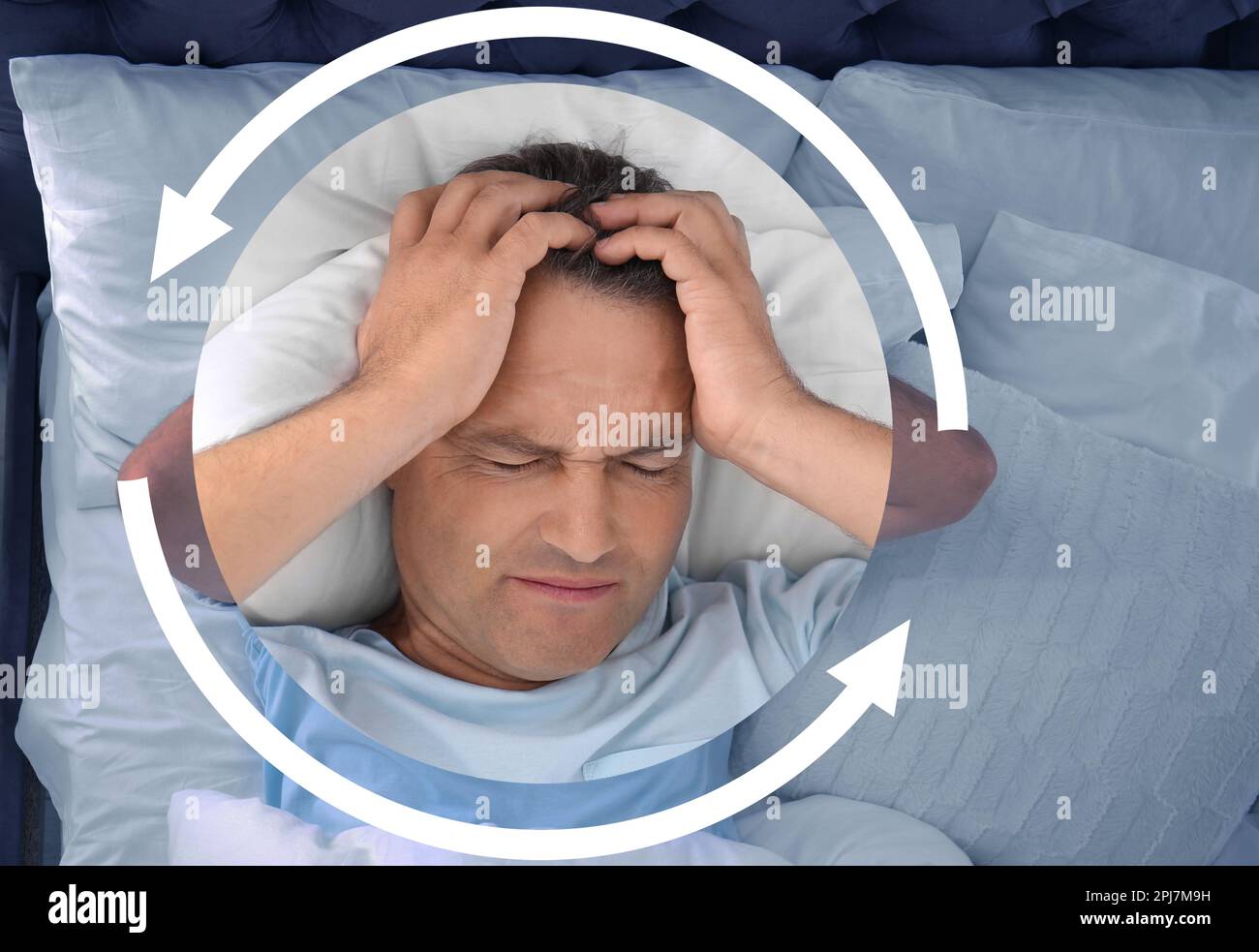 Mature man suffering from insomnia in bed, top view. Problem of sleep ...