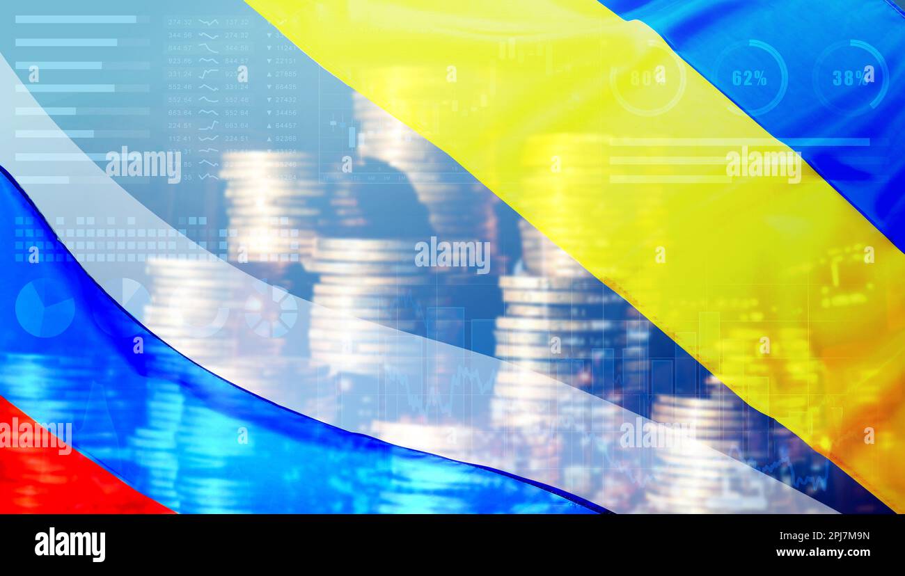 Multiple exposure of Ukrainian, Russian flags, coins and digital stock ...