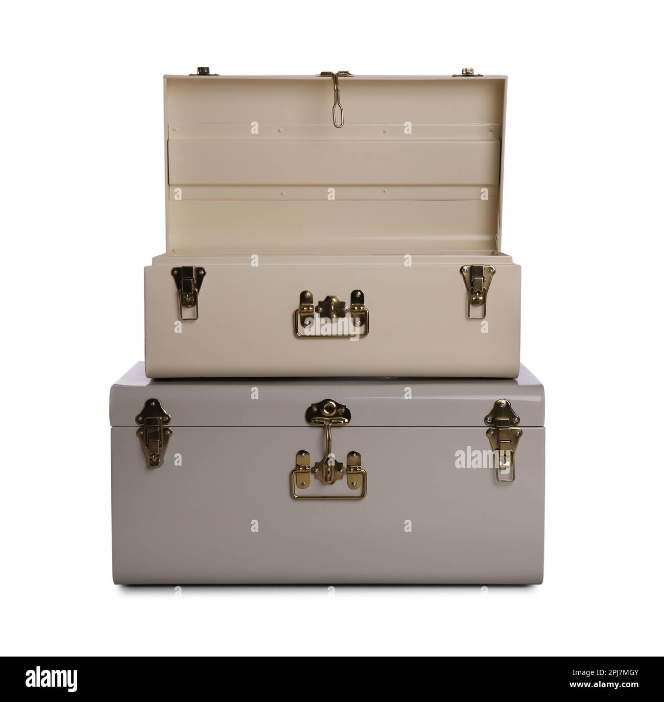 Two stylish storage trunks isolated on white Stock Photo - Alamy