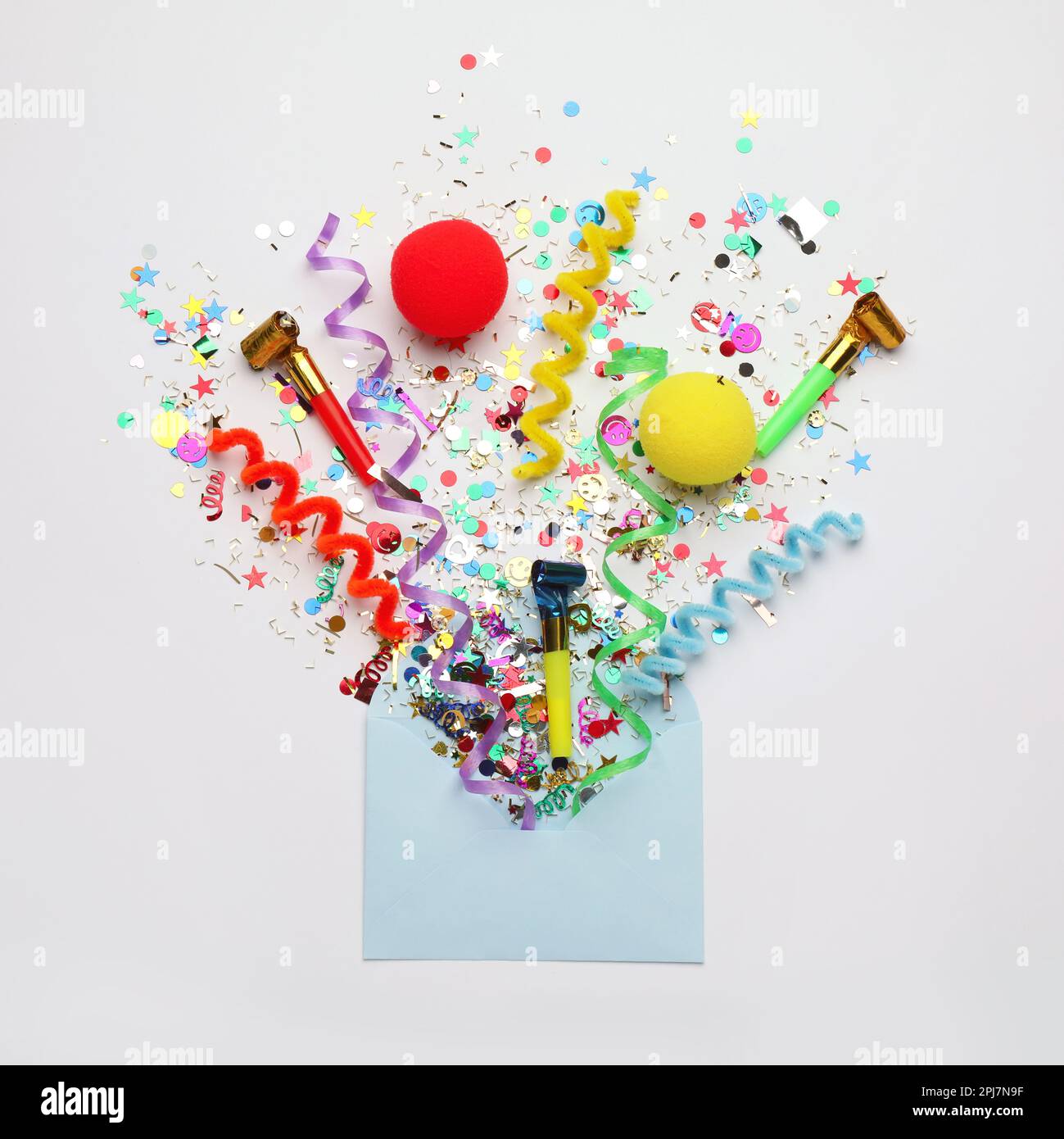 Beautiful flat lay composition with envelope and festive items on white ...
