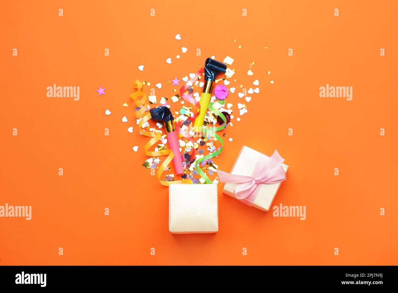 Beautiful flat lay composition with gift box and festive items on ...