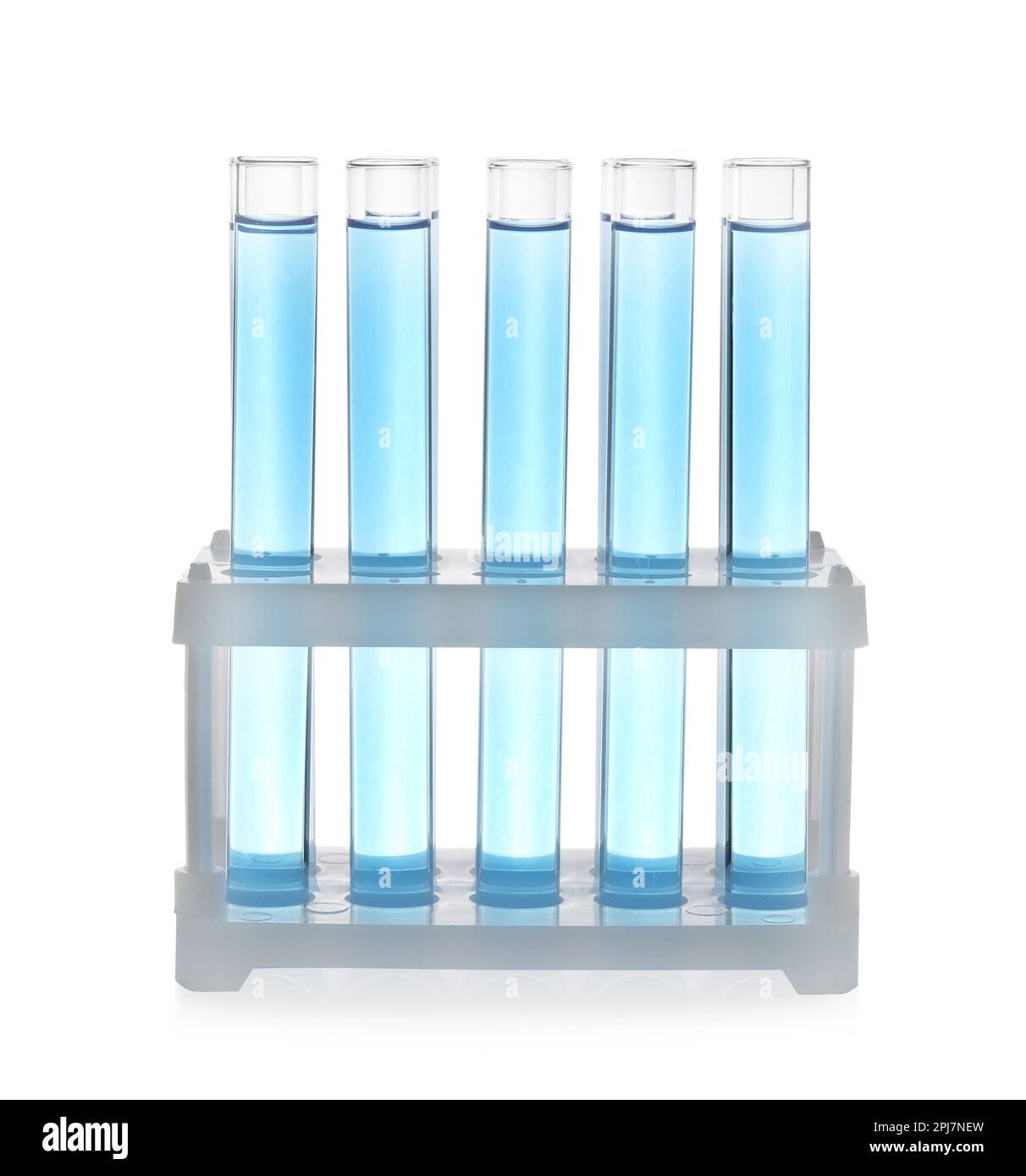 Test tubes with light blue liquid in rack isolated on white Stock Photo ...