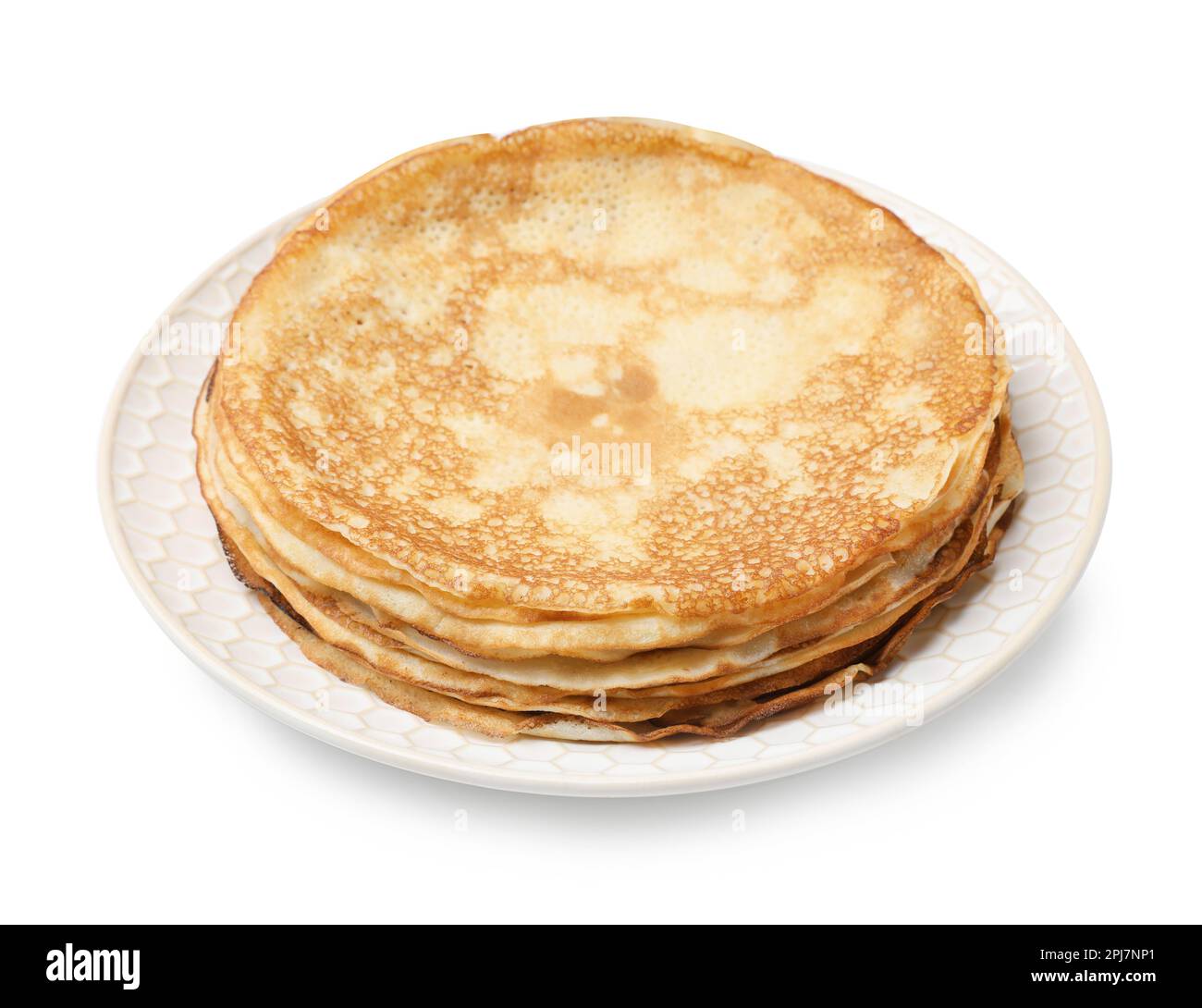 Stack of delicious crepes on plate against white background Stock Photo ...