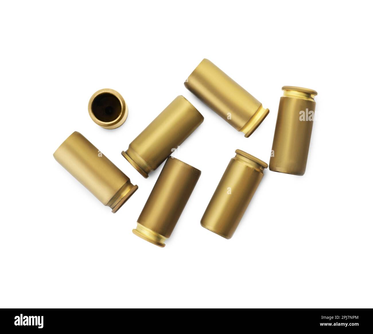 Shells of bullets on white background, top view Stock Photo - Alamy