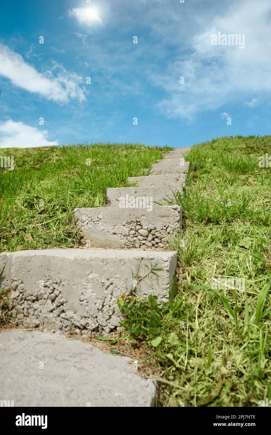 Outdoor concrete staircase up to hill, low angle view Stock Photo - Alamy