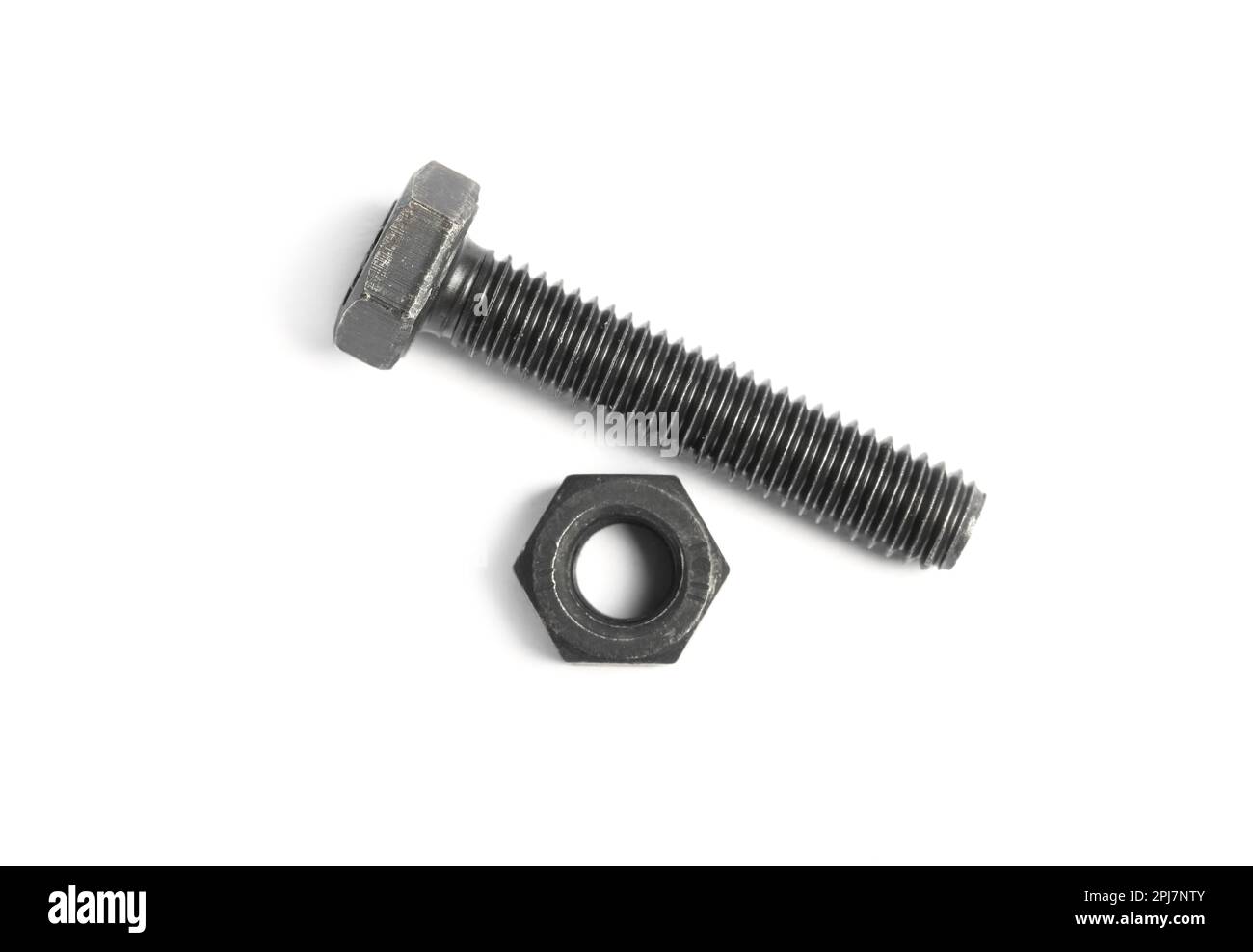 Metal bolt with nut on white background, top view Stock Photo - Alamy