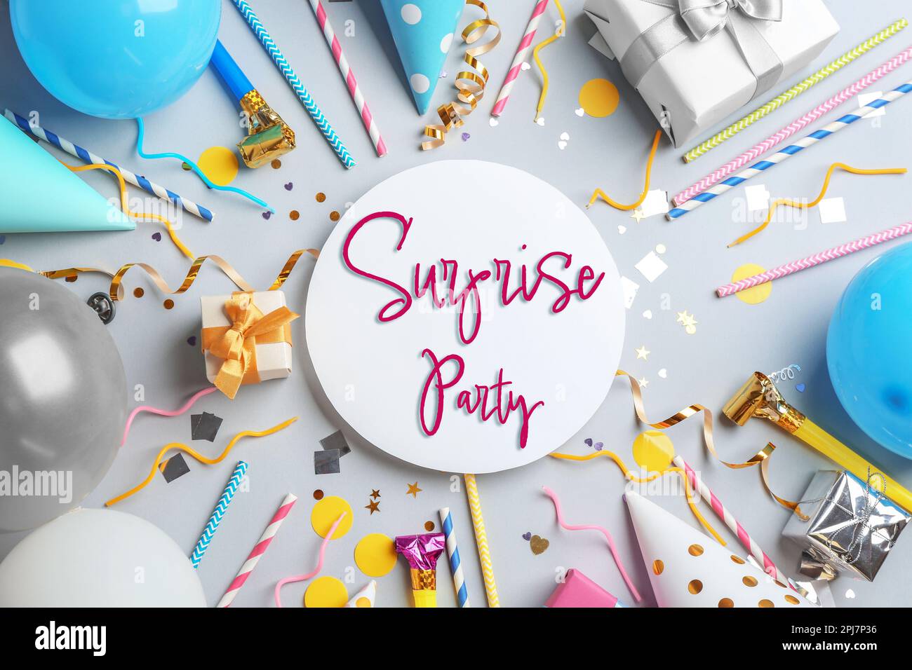 Flat lay composition with different items for surprise party on light ...
