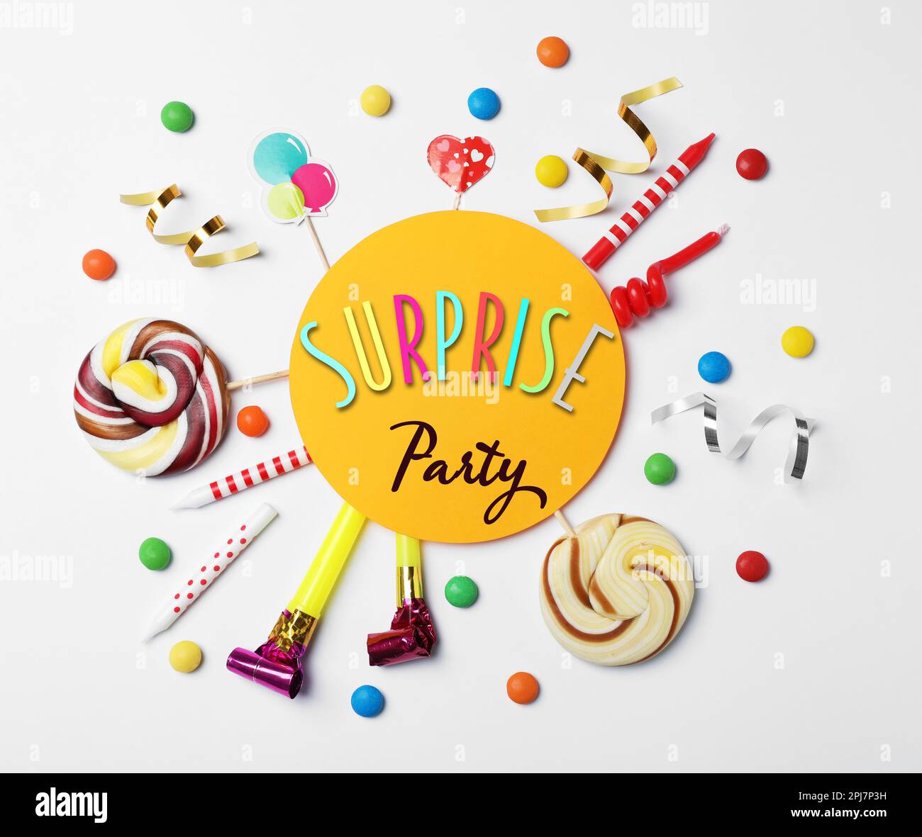 Flat lay composition with different items for surprise party on white ...