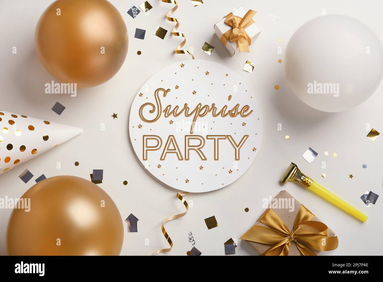 Flat lay composition with different items for surprise party on white ...