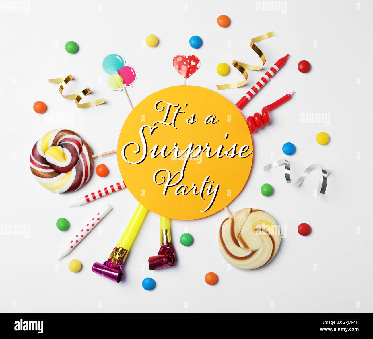Flat lay composition with different items for surprise party on white ...