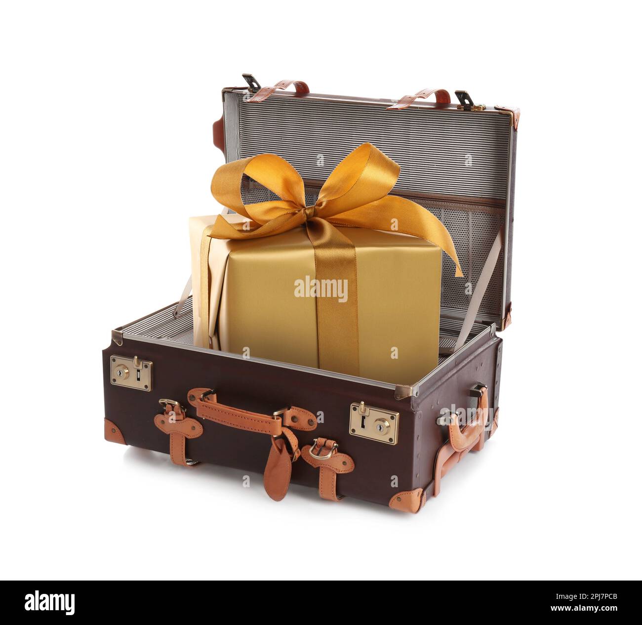 Beautiful gift box with golden bow in retro suitcase on white ...