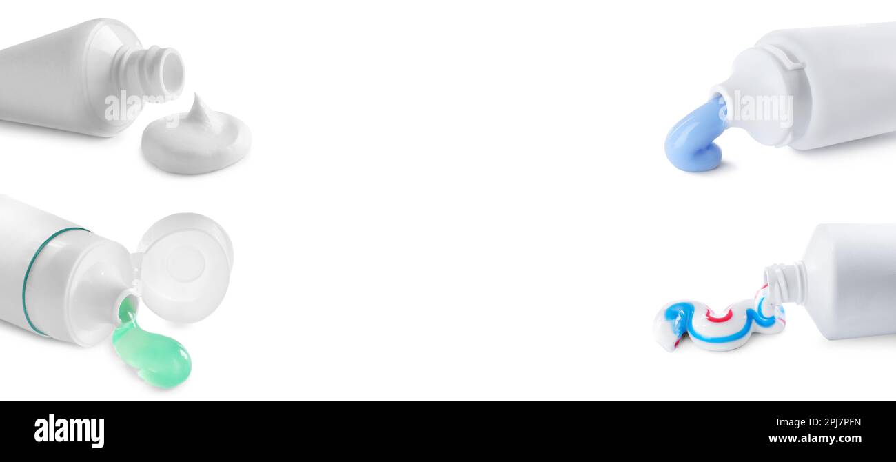 Collage with different toothpastes on white background, space for text ...