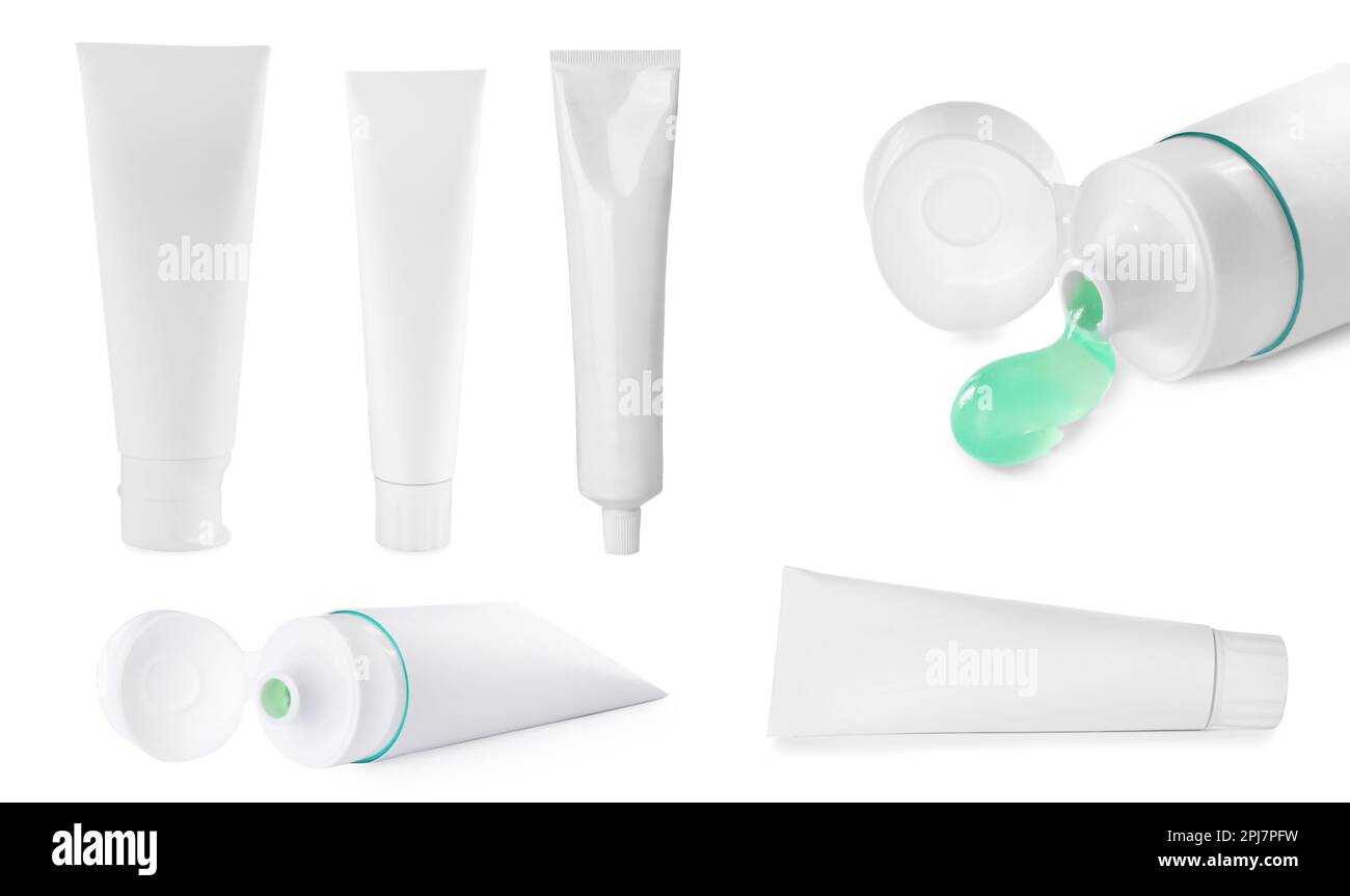Collage with different toothpastes on white background Stock Photo - Alamy