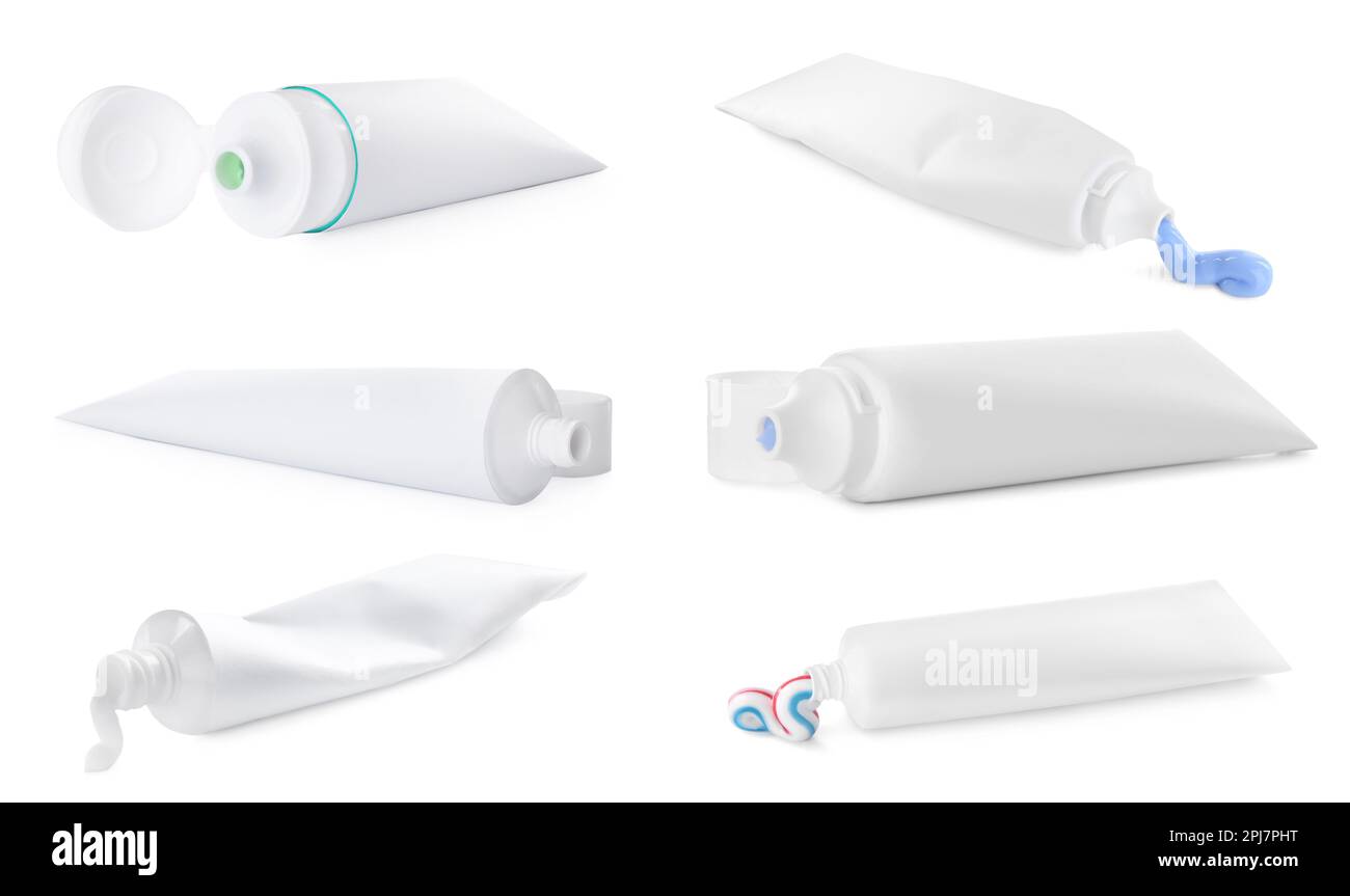 Collage with different toothpastes on white background Stock Photo - Alamy