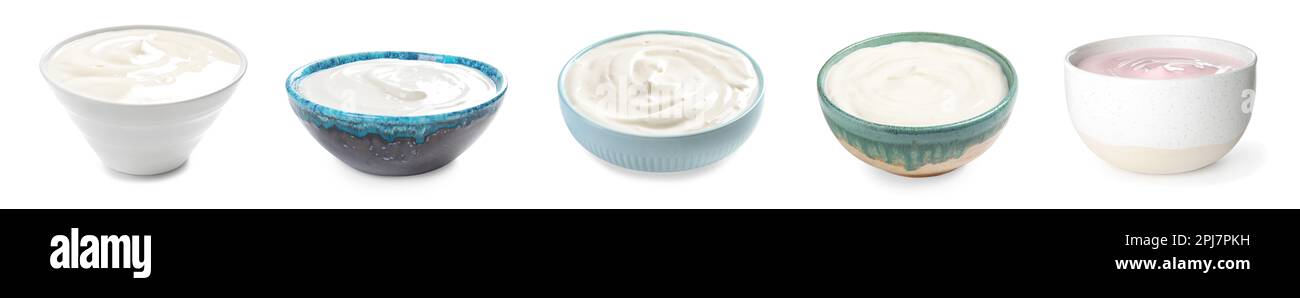 Set with tasty yogurts on white background. Banner design Stock Photo ...