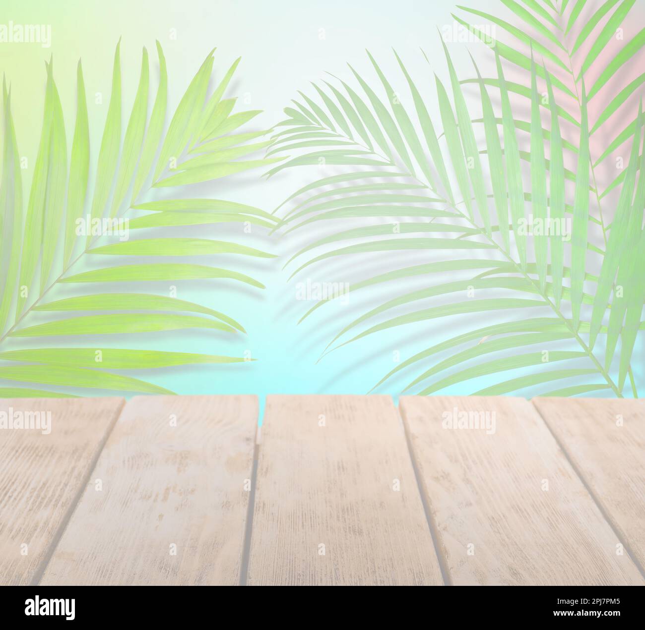 Palm branches and wooden table against color background, fade effect ...