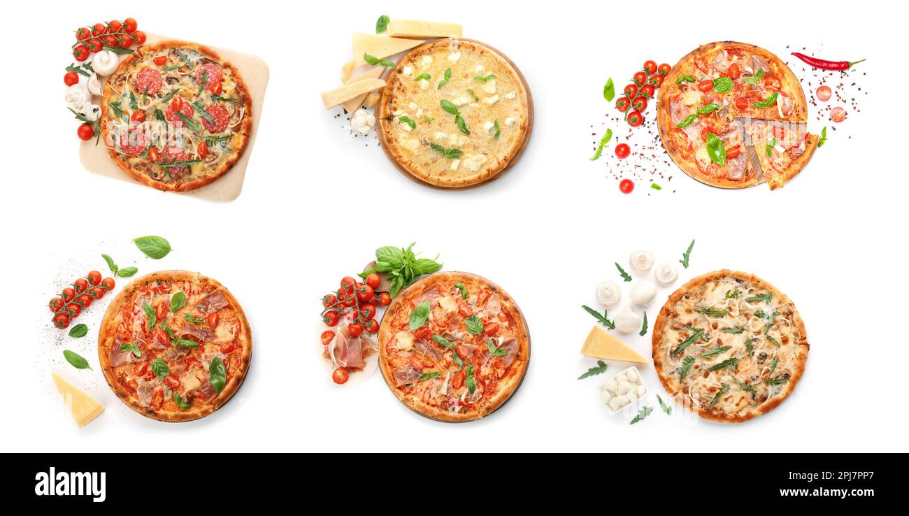 Set with different delicious pizzas and ingredients on white background ...